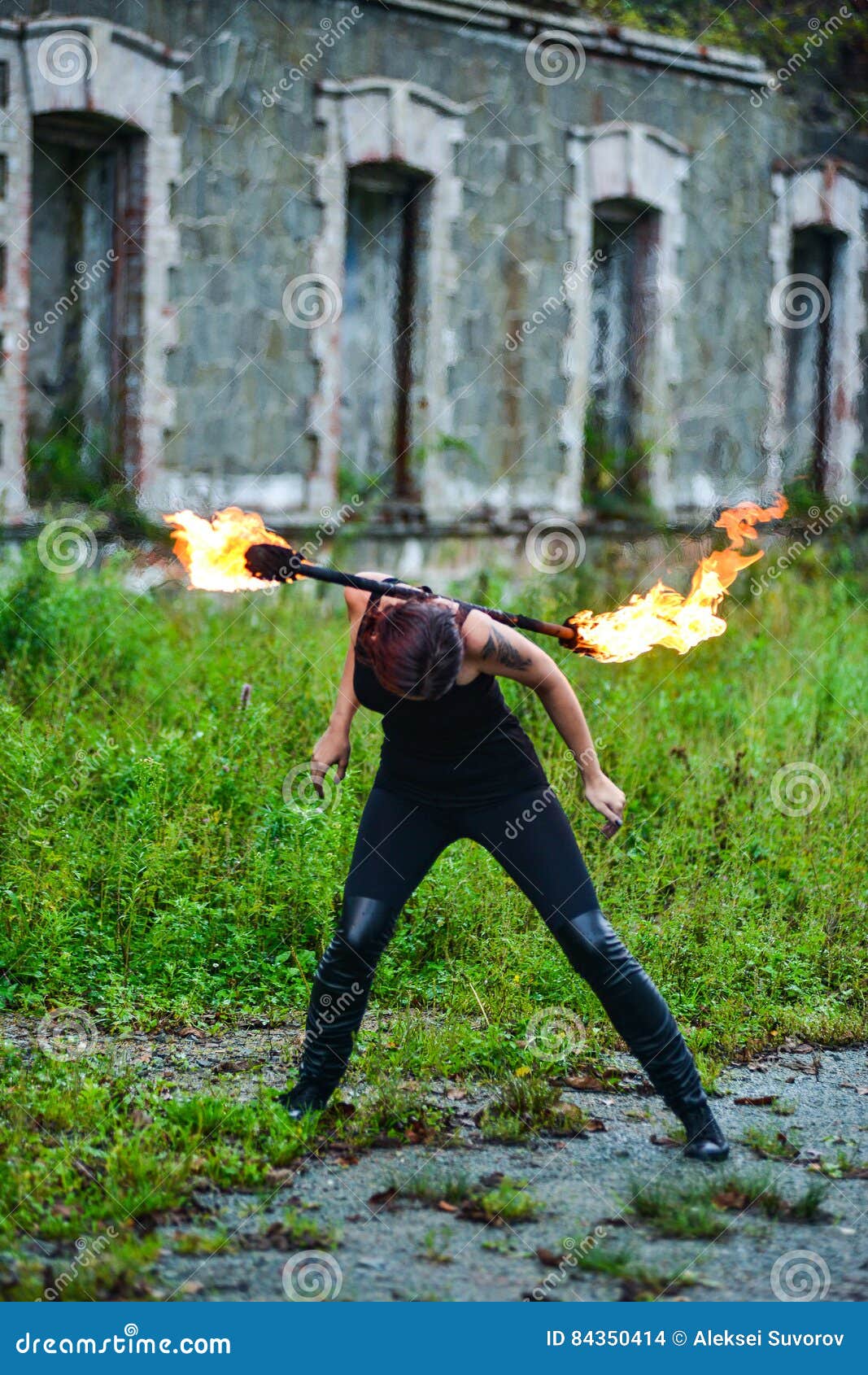 Fire Show Girl with Flaming Torches Stock Photo - Image of nature ...