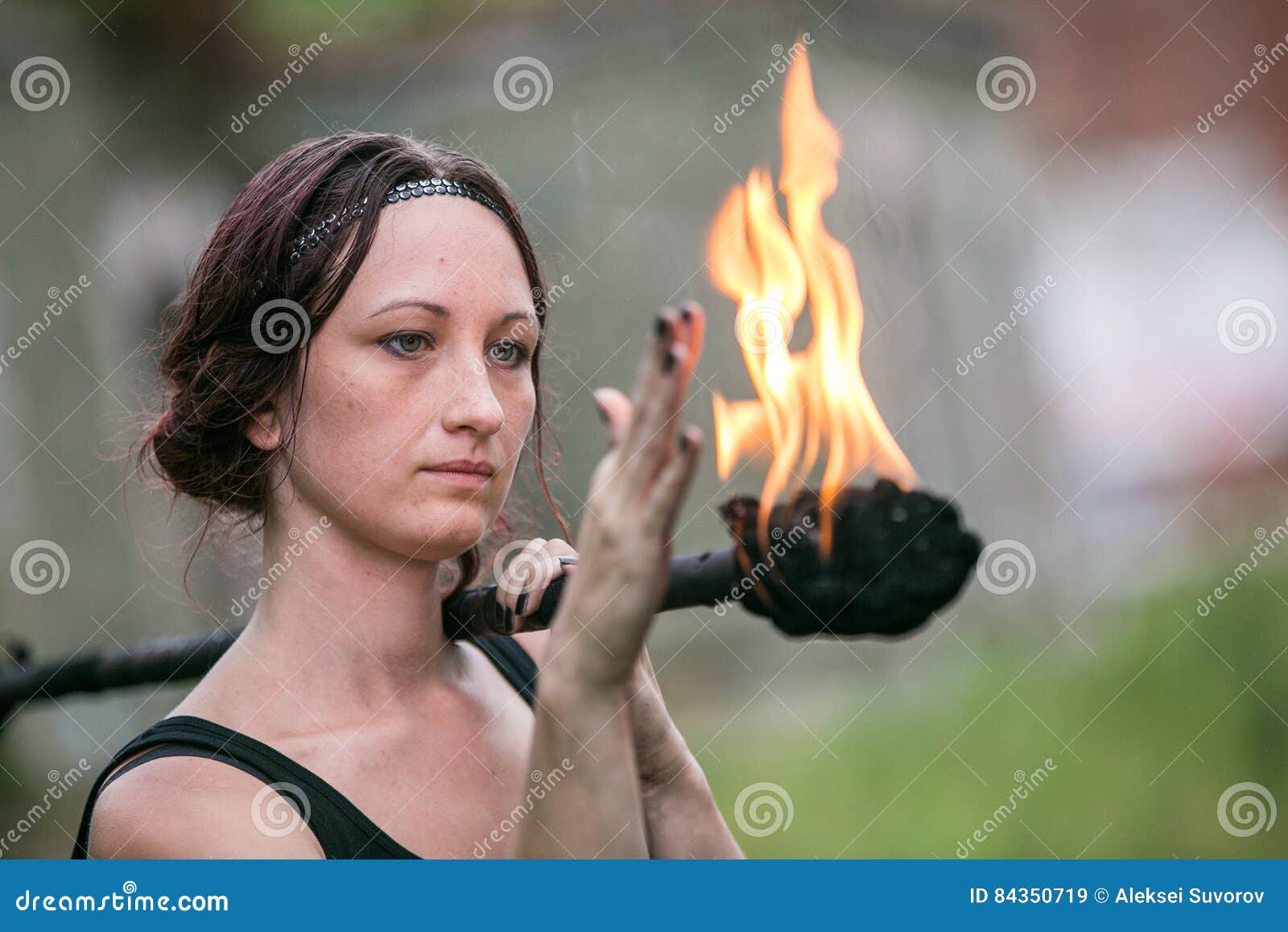 Fire Show Girl with Flaming Torches Stock Image - Image of flaming ...