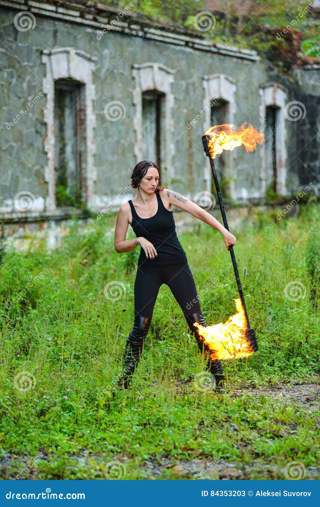 Fire Show Girl with Flaming Torches Stock Image - Image of exposure ...