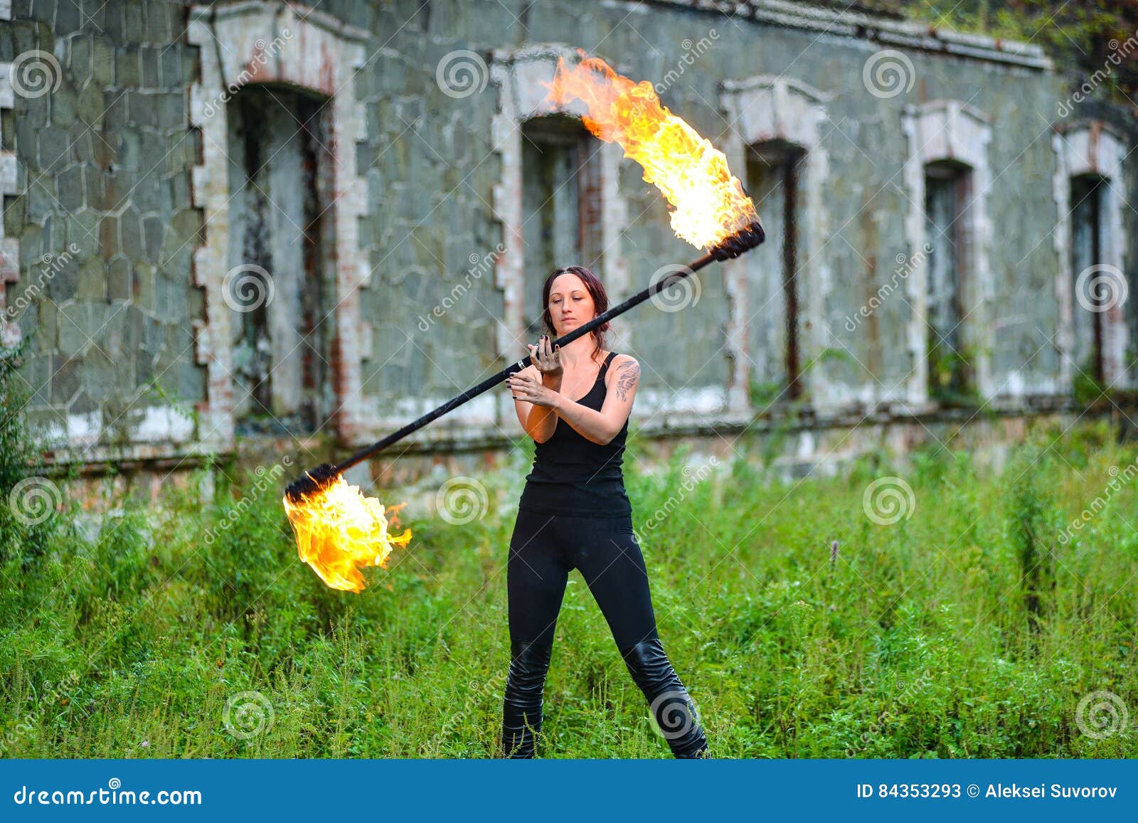 Fire Show Girl with Flaming Torches Stock Image - Image of heat, beauty ...