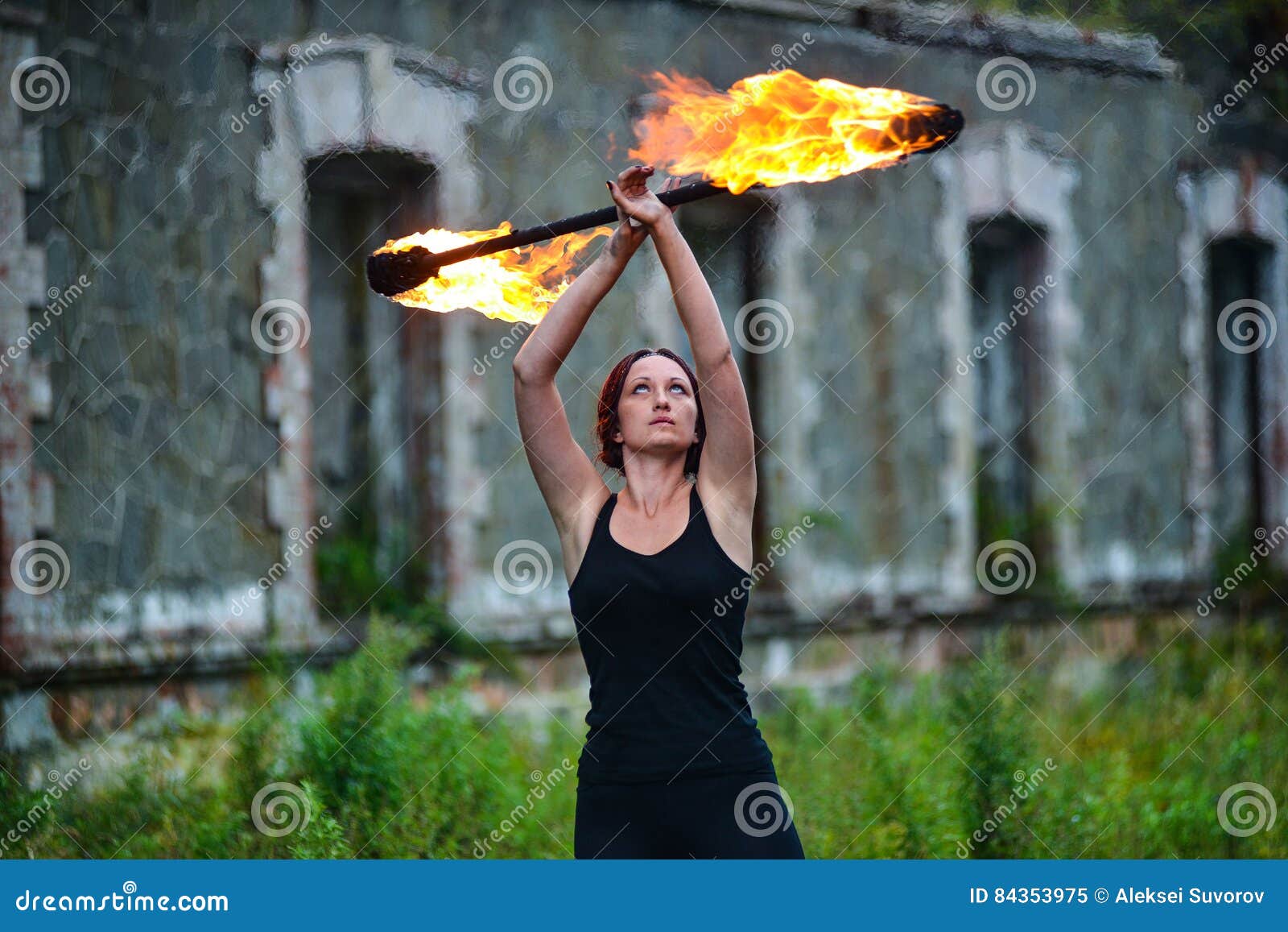 Fire Show Girl with Flaming Torches Stock Image - Image of passion ...