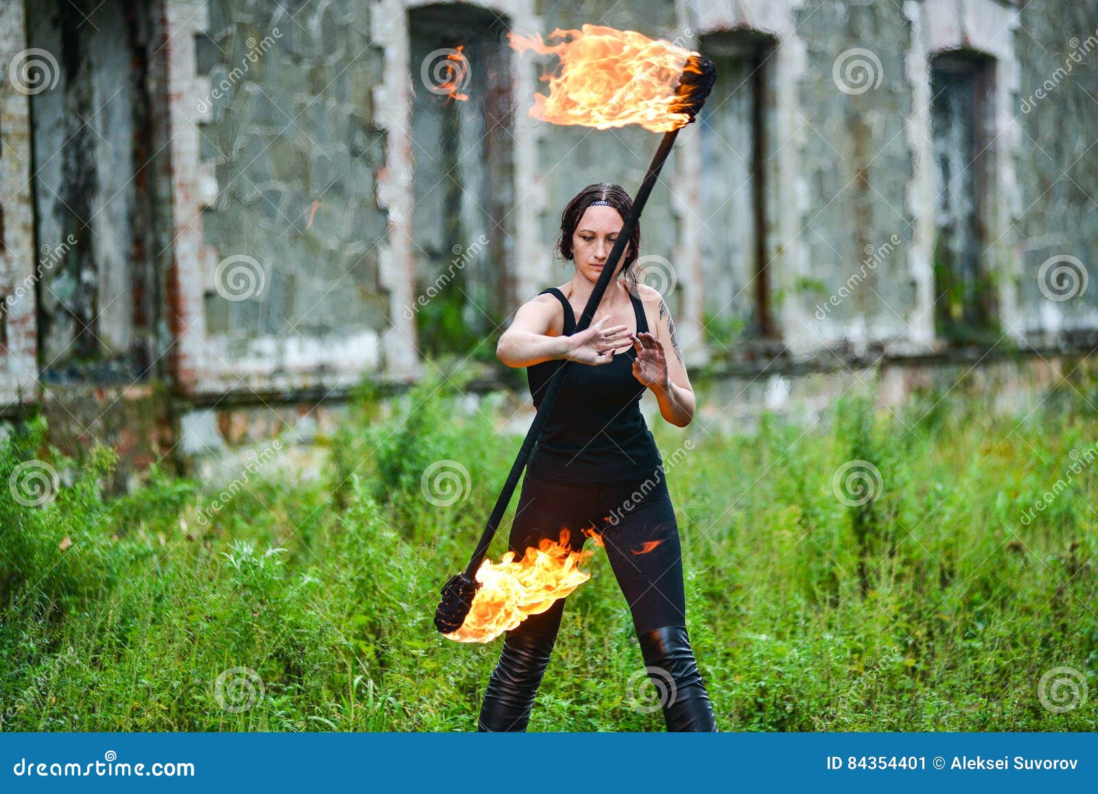 Fire Show Girl with Flaming Torches Stock Image - Image of effect ...