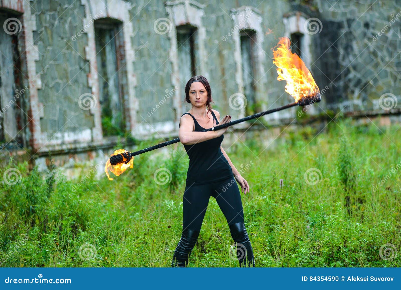 Fire Show Girl with Flaming Torches Stock Photo - Image of circle ...