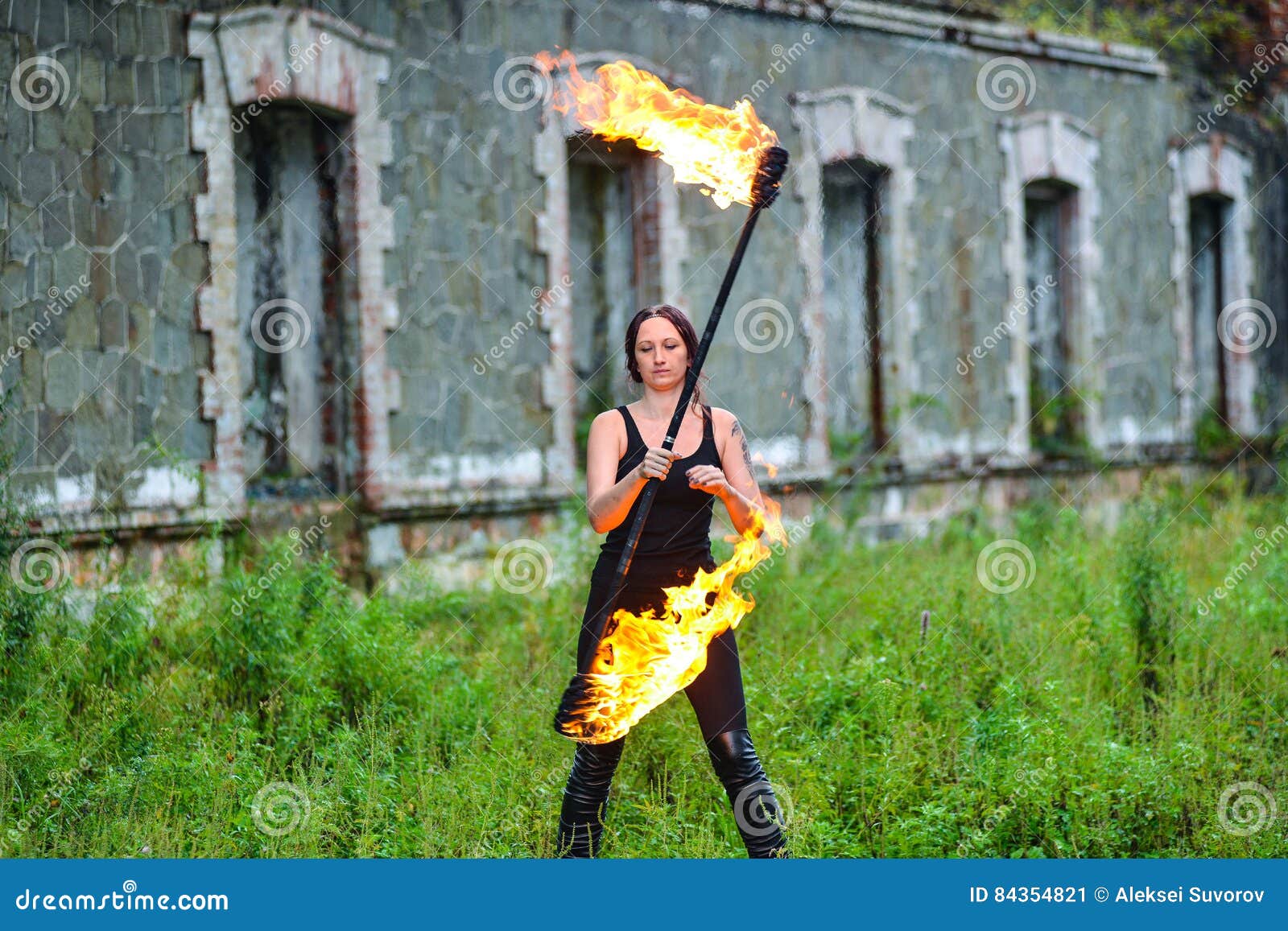 Fire Show Girl with Flaming Torches Stock Image - Image of juggler ...