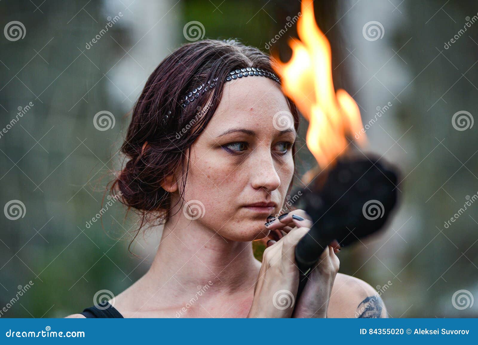Fire Show Girl with Flaming Torches Stock Photo - Image of juggler ...