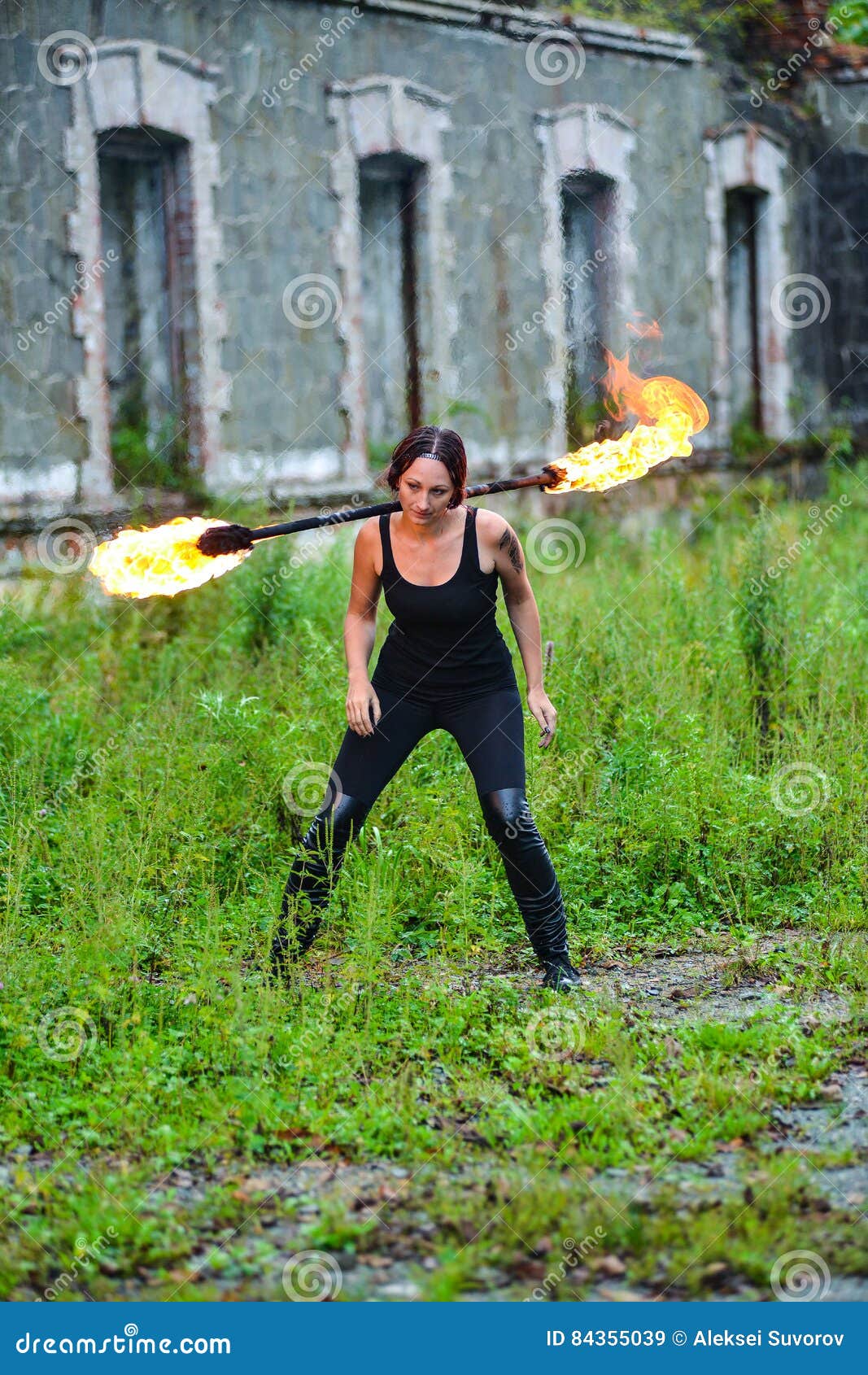 Fire Show Girl with Flaming Torches Stock Image - Image of color, flame ...