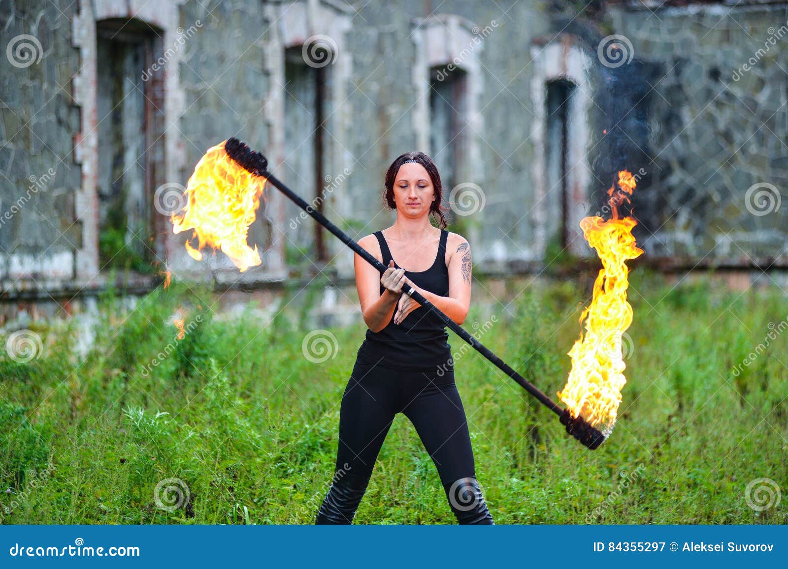 Fire Show Girl with Flaming Torches Stock Image - Image of juggler ...