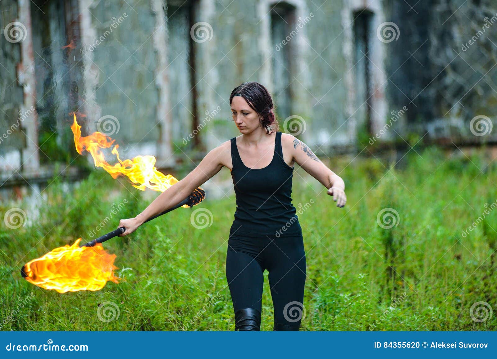 Fire Show Girl with Flaming Torches Stock Photo - Image of circle ...