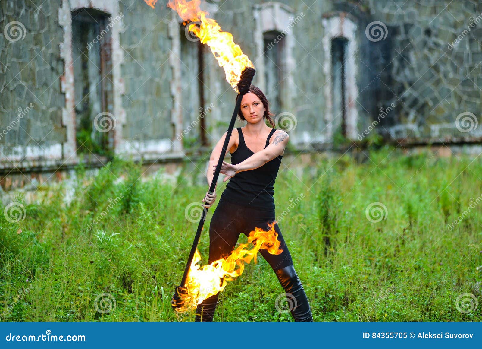 Fire Show Girl with Flaming Torches Stock Image - Image of beach ...