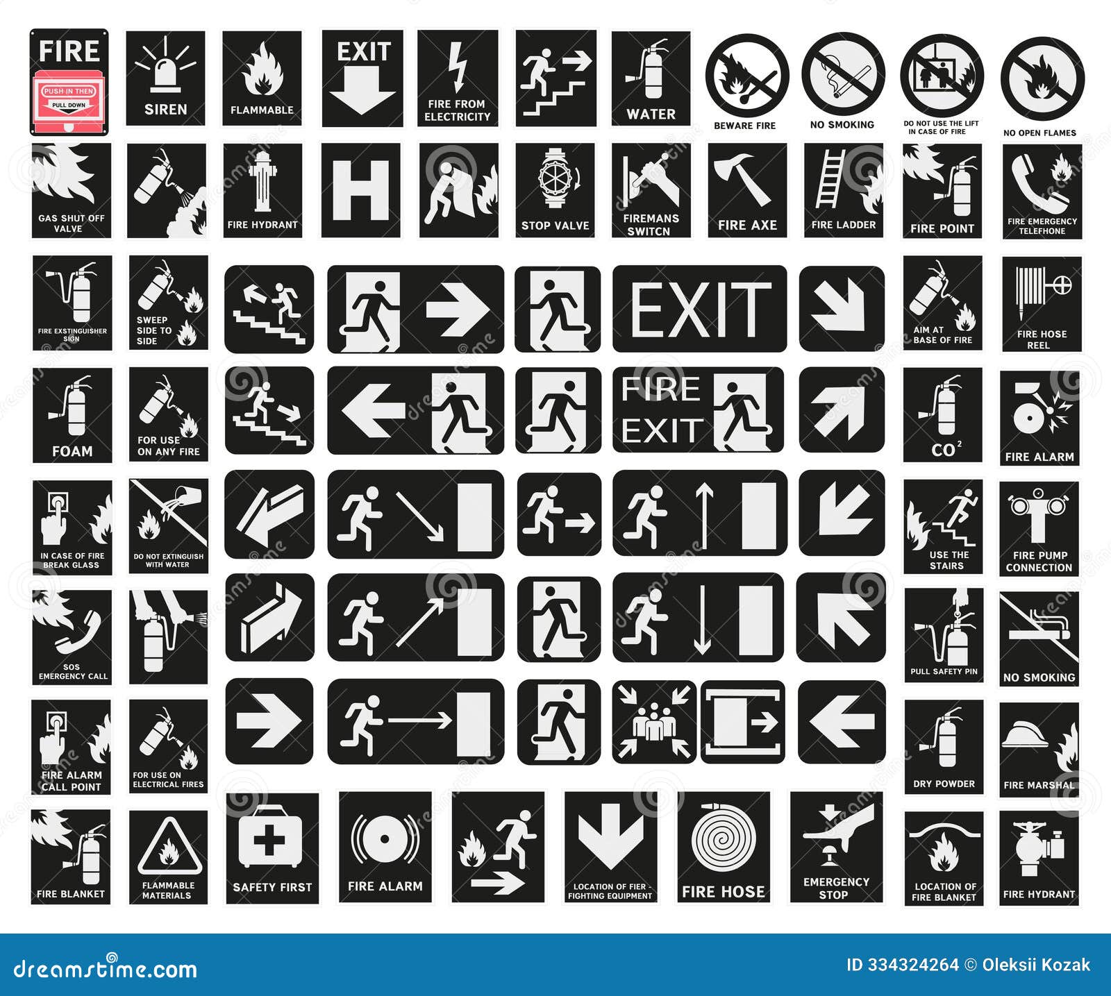 Fire Signs in Black Colors. Actions in Case of Fire Stock Vector ...