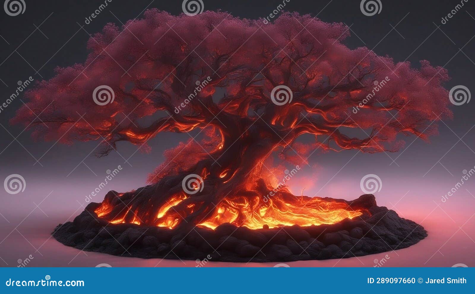 Fire in the Sky, Lava Tree with Roots on Fire at Sunset Ai Created ...