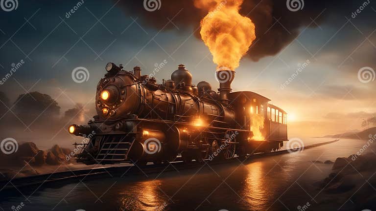 Fire and Smoke a Burning, Steampunk Train Exploding on Fire, that ...