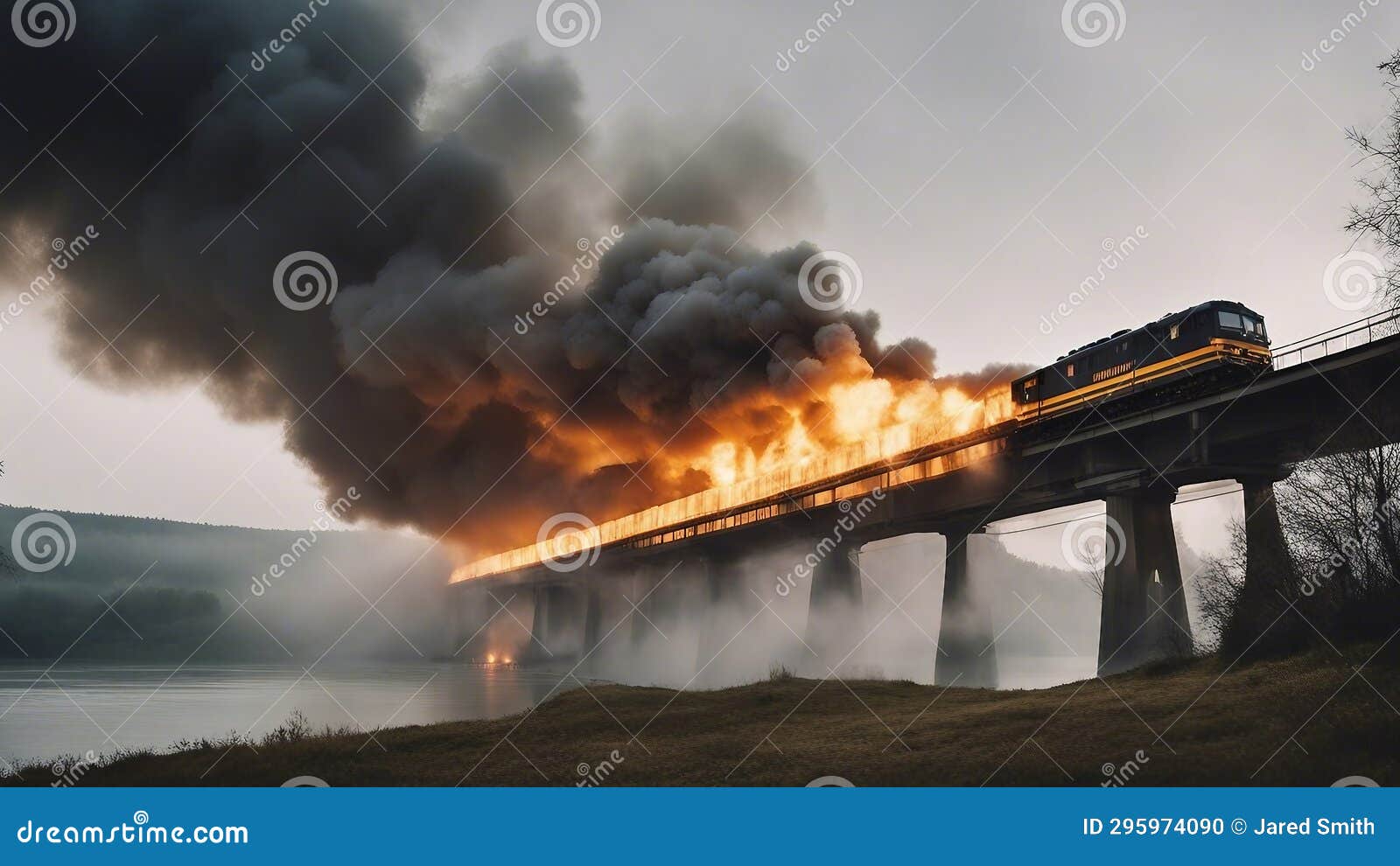 Fire and Smoke a Burning Train on Fire, Exploding, that Crosses a ...