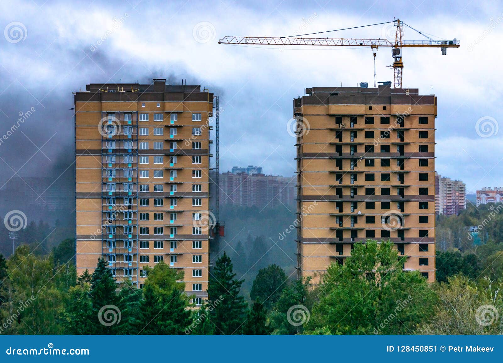 Fire and Smoke in a High-rise Building Under Construction Stock Image ...