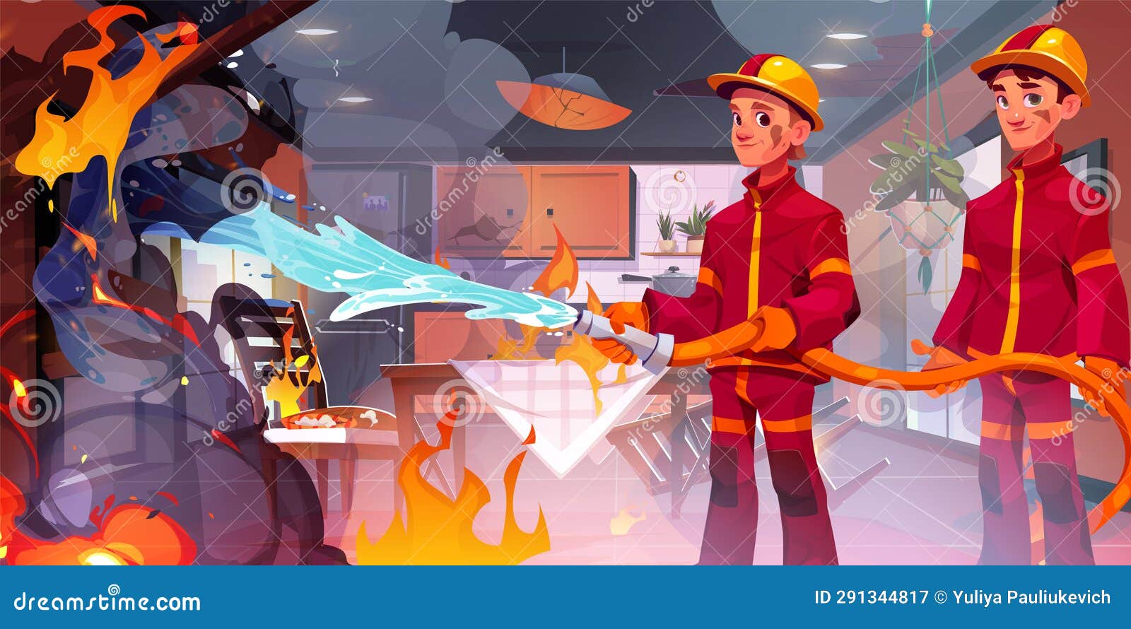 Fire Smoke on House Kitchen and Firefighter Vector Stock Vector ...