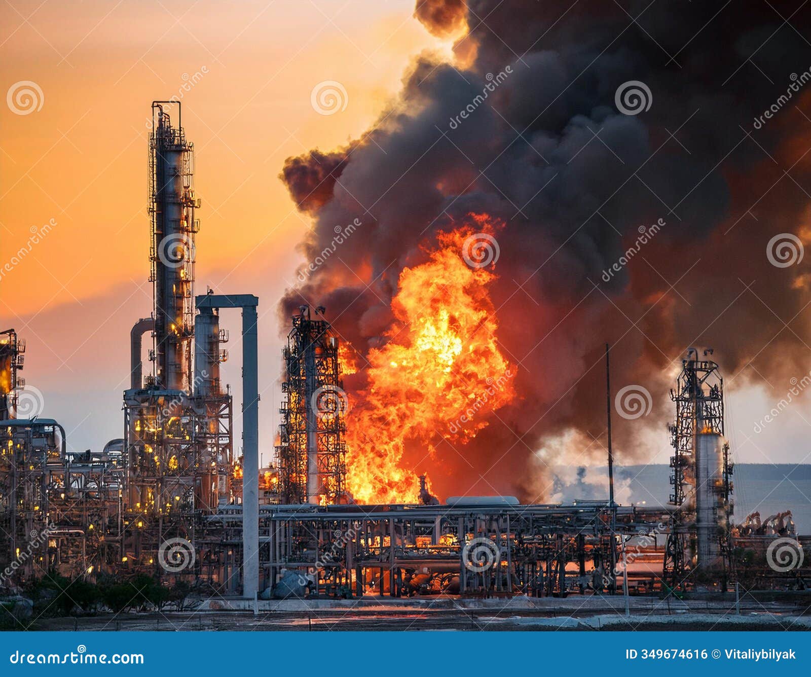 Fire and Smoke Rising from an Oil Refinery Incident Stock Illustration ...