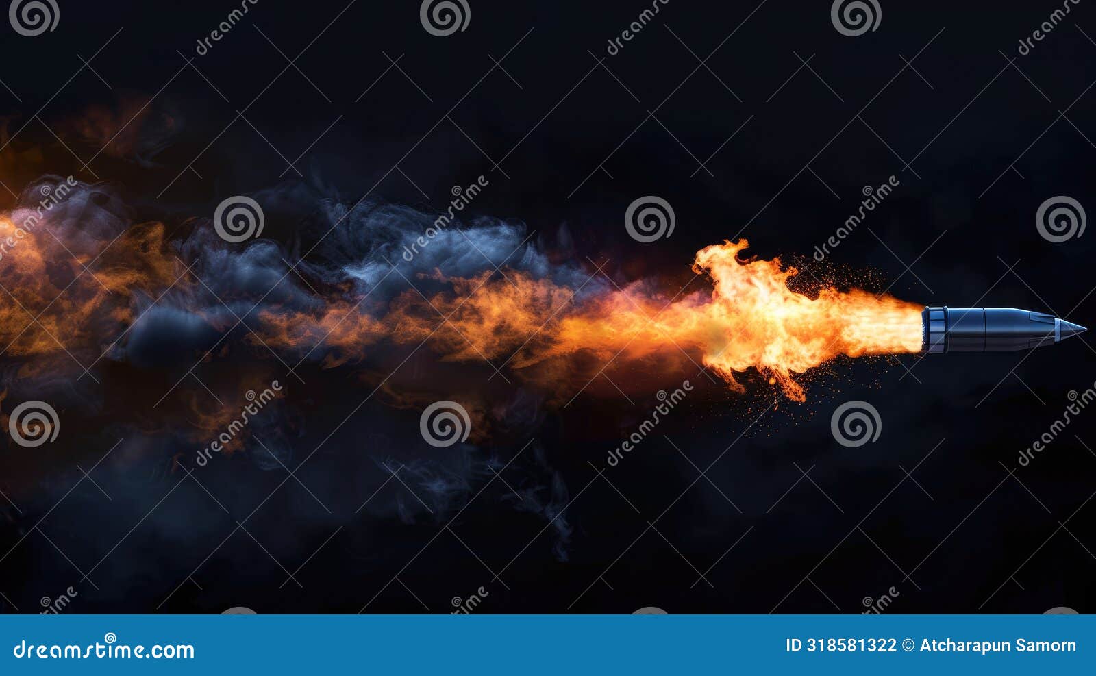 Fire and Smoke from a Rocket Engine on a Black Background Stock ...