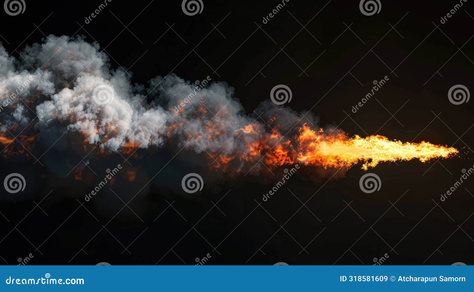 Fire and Smoke from a Rocket Engine on a Black Background Stock ...