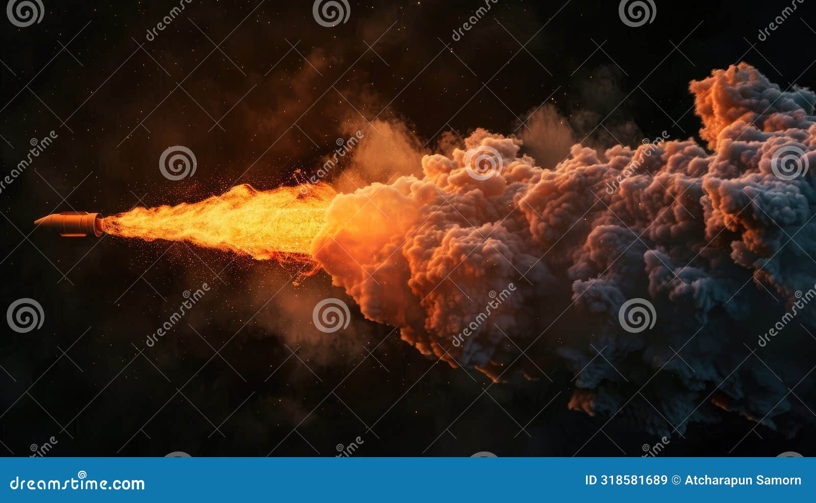 Fire and Smoke from a Rocket Engine on a Black Background Stock ...