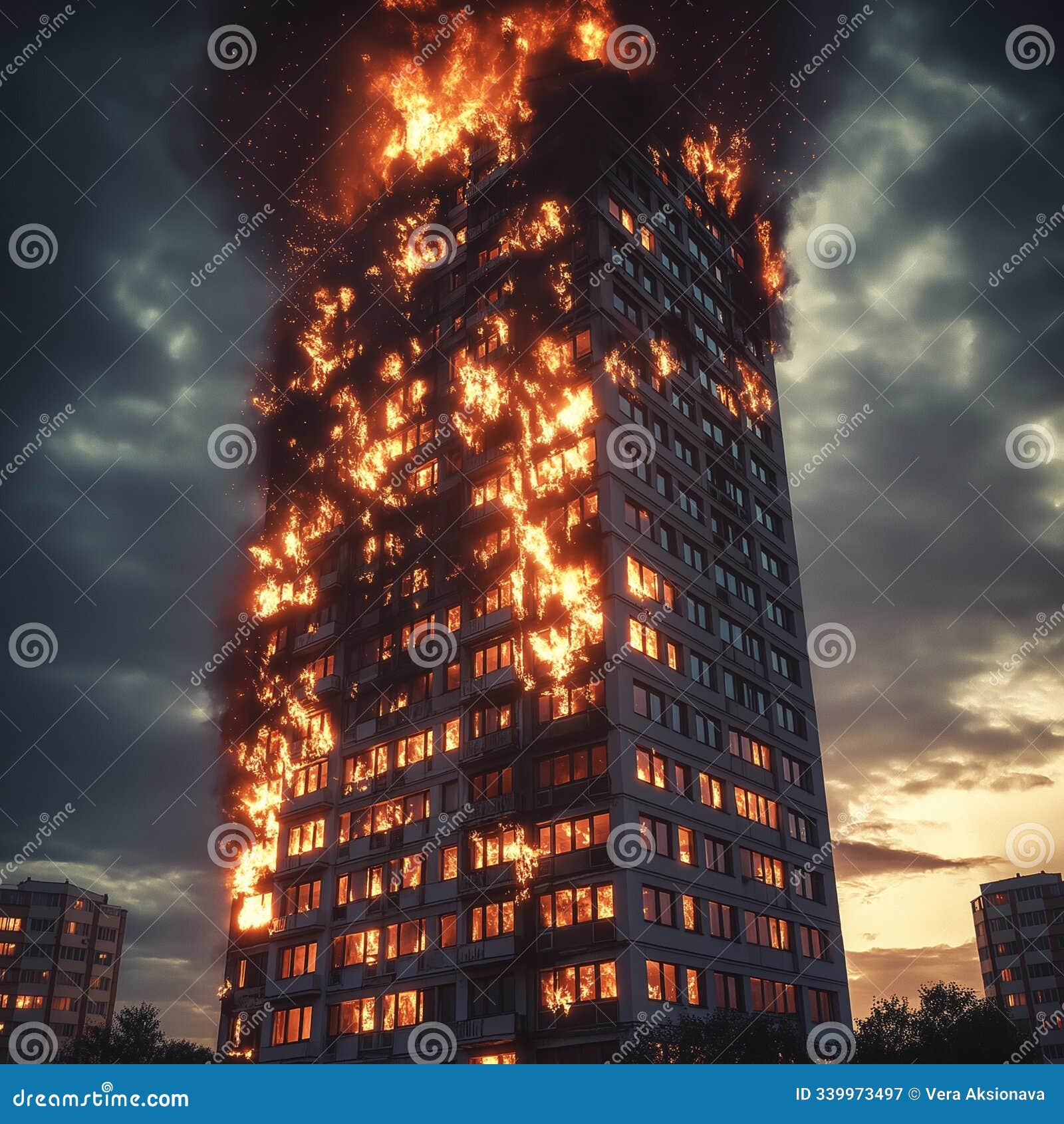Fire and Smoke from Windows of Tall Building Stock Image - Image of ...
