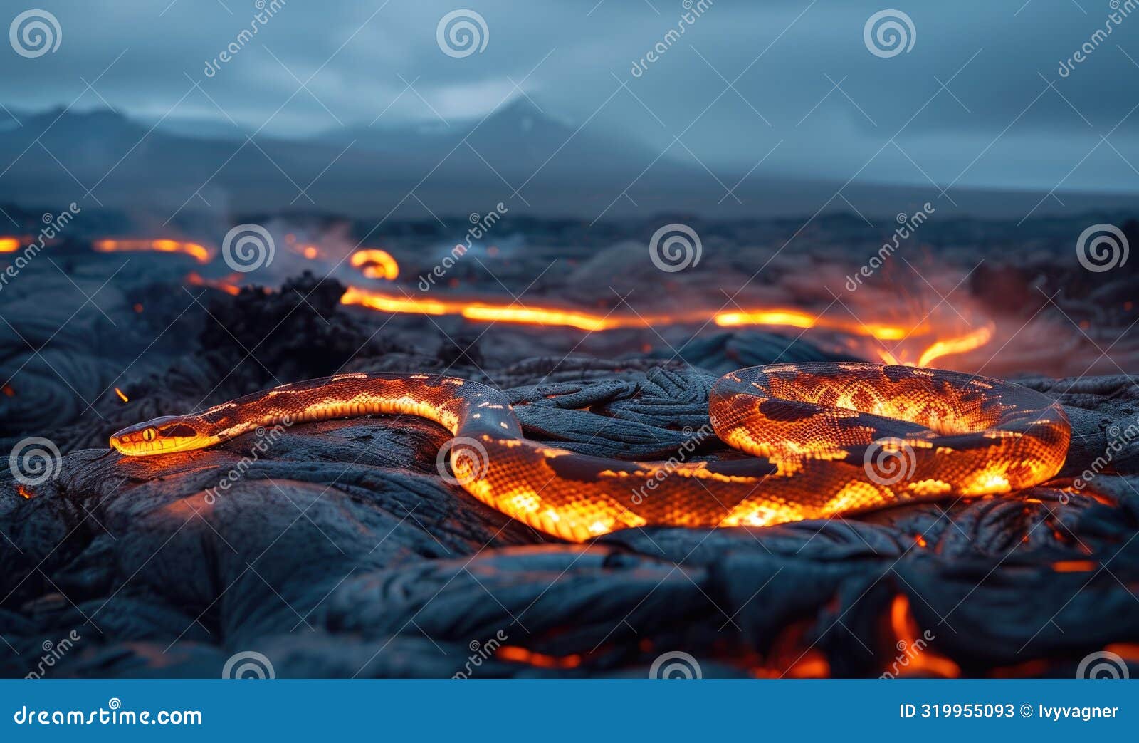 Fire Snake in Volcanic Landscape, Fantastic Glowing Snake Stock Image ...