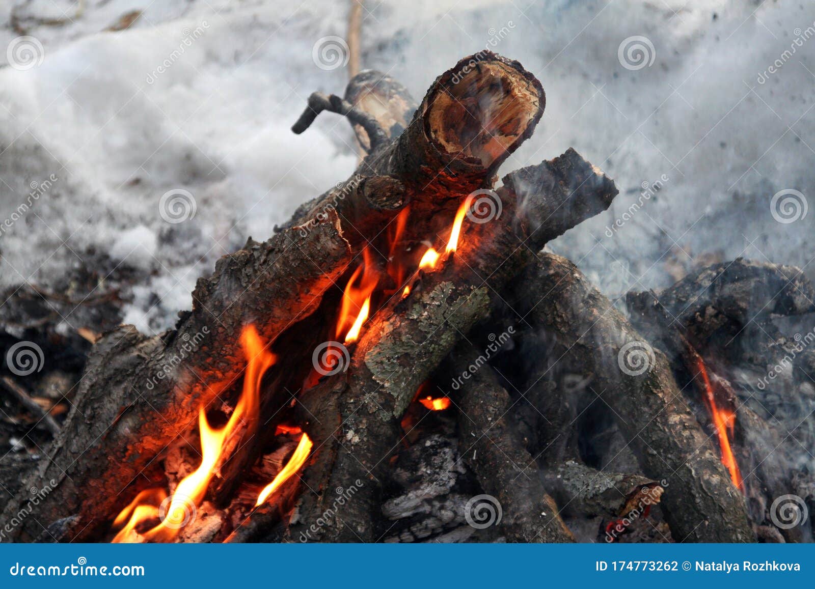 The fire on the snow stock photo. Image of fireplace - 174773262