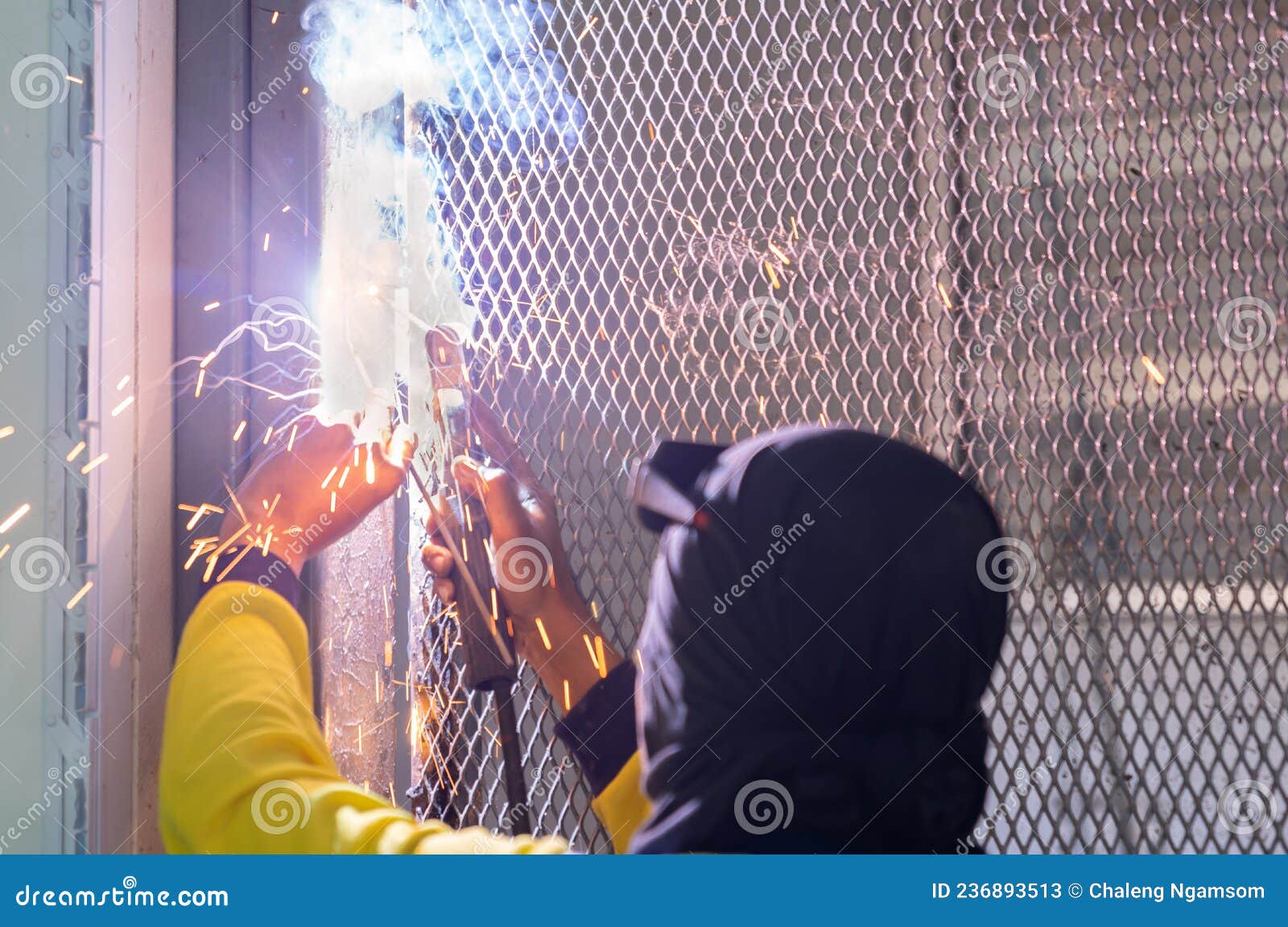 Fire Sparks on Metal Welding Net Door in Workshop Stock Image - Image ...