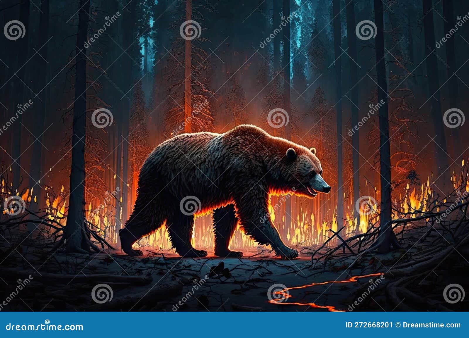 Fire is Spreading through the Forest, while Bear Runs Away from Flames ...