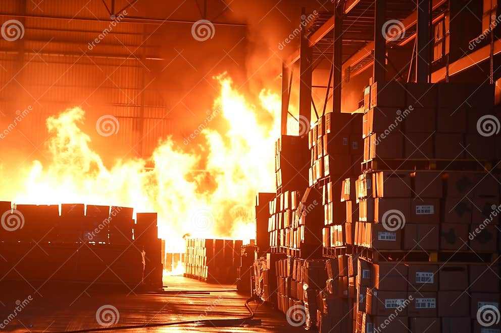 Fire Spreading in Warehouse Stacked with Boxes Stock Image - Image of ...