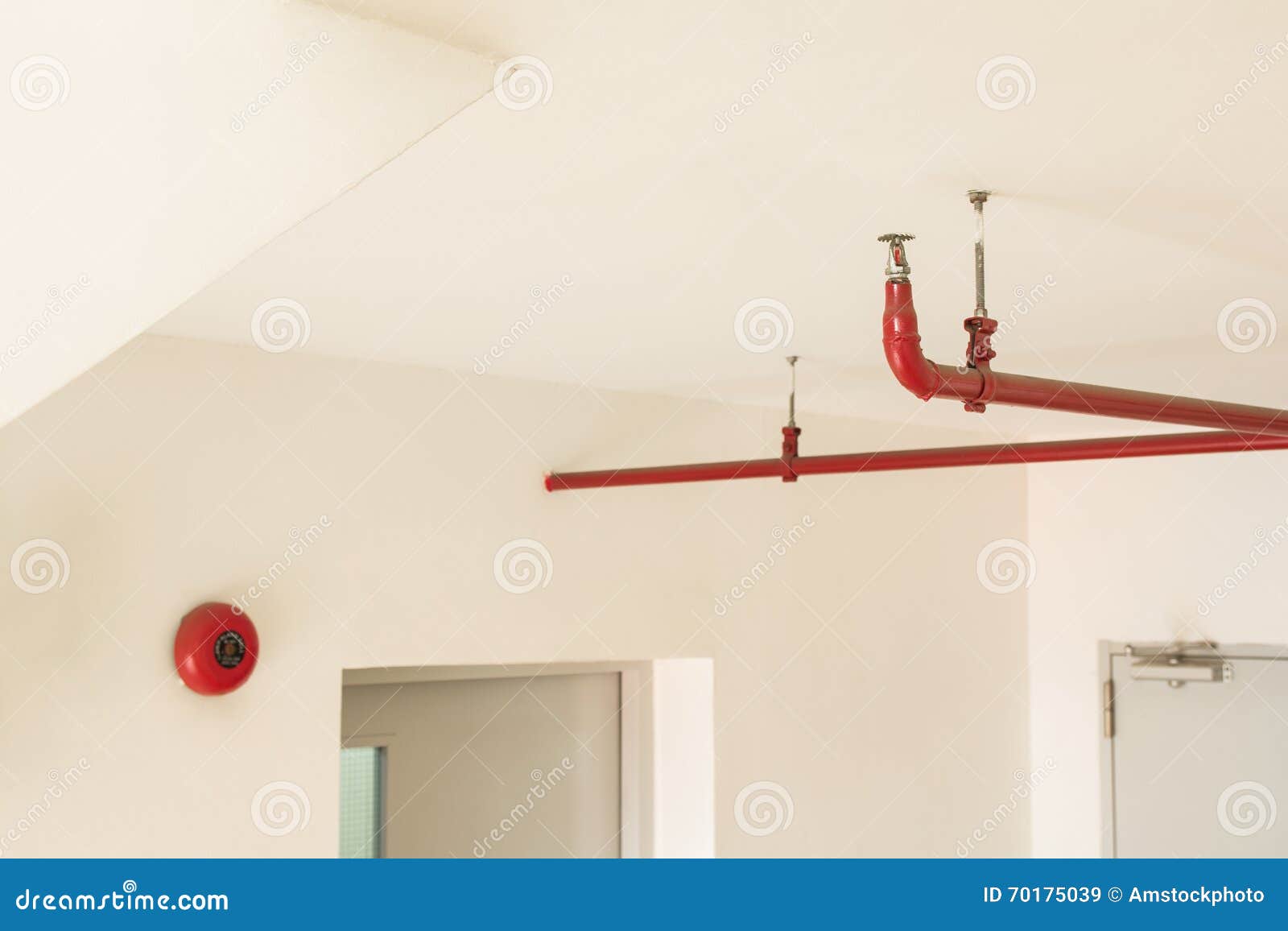 Fire Sprinkler and Red Pipe Hanging on Ceiling Stock Image - Image of ...