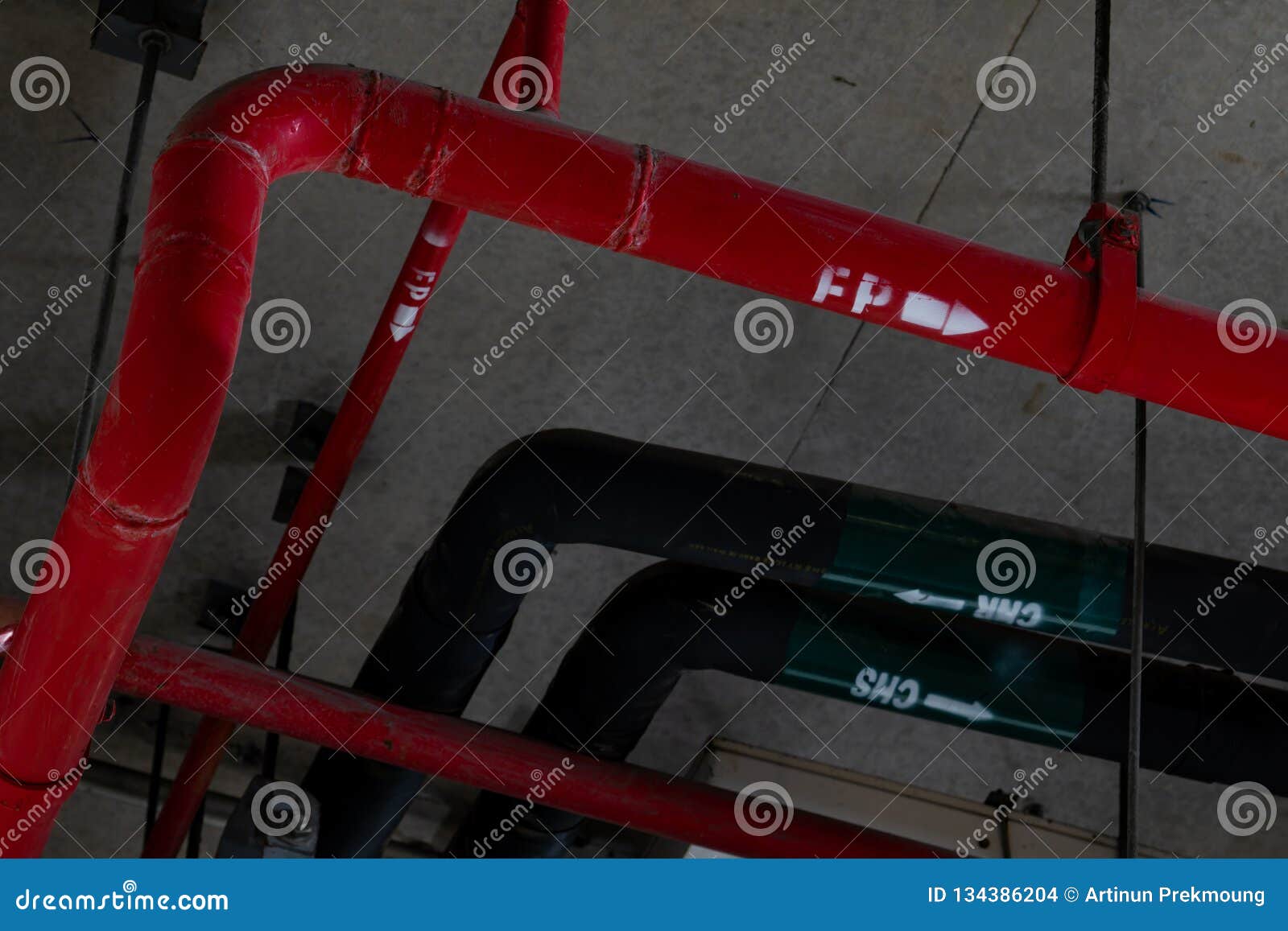 Fire Sprinkler System with Red Pipes Hanging from Ceiling Inside ...