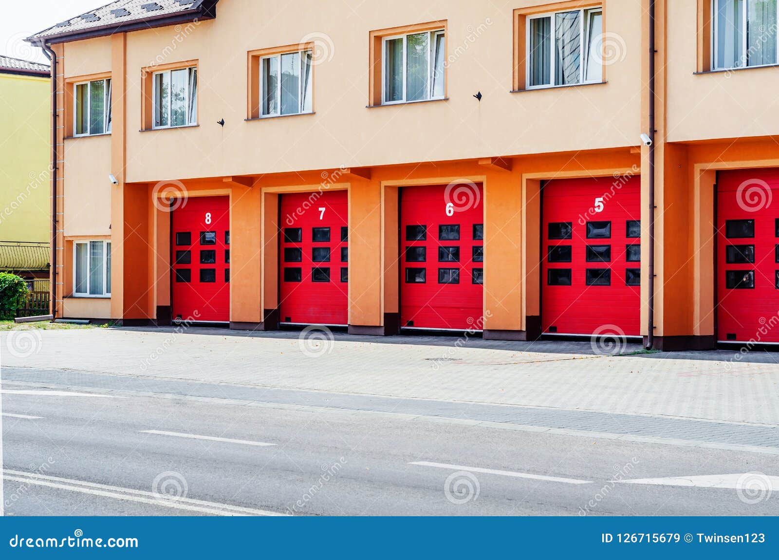 Fire Station Building, Red Gate for Fire Trucks Stock Image - Image of ...