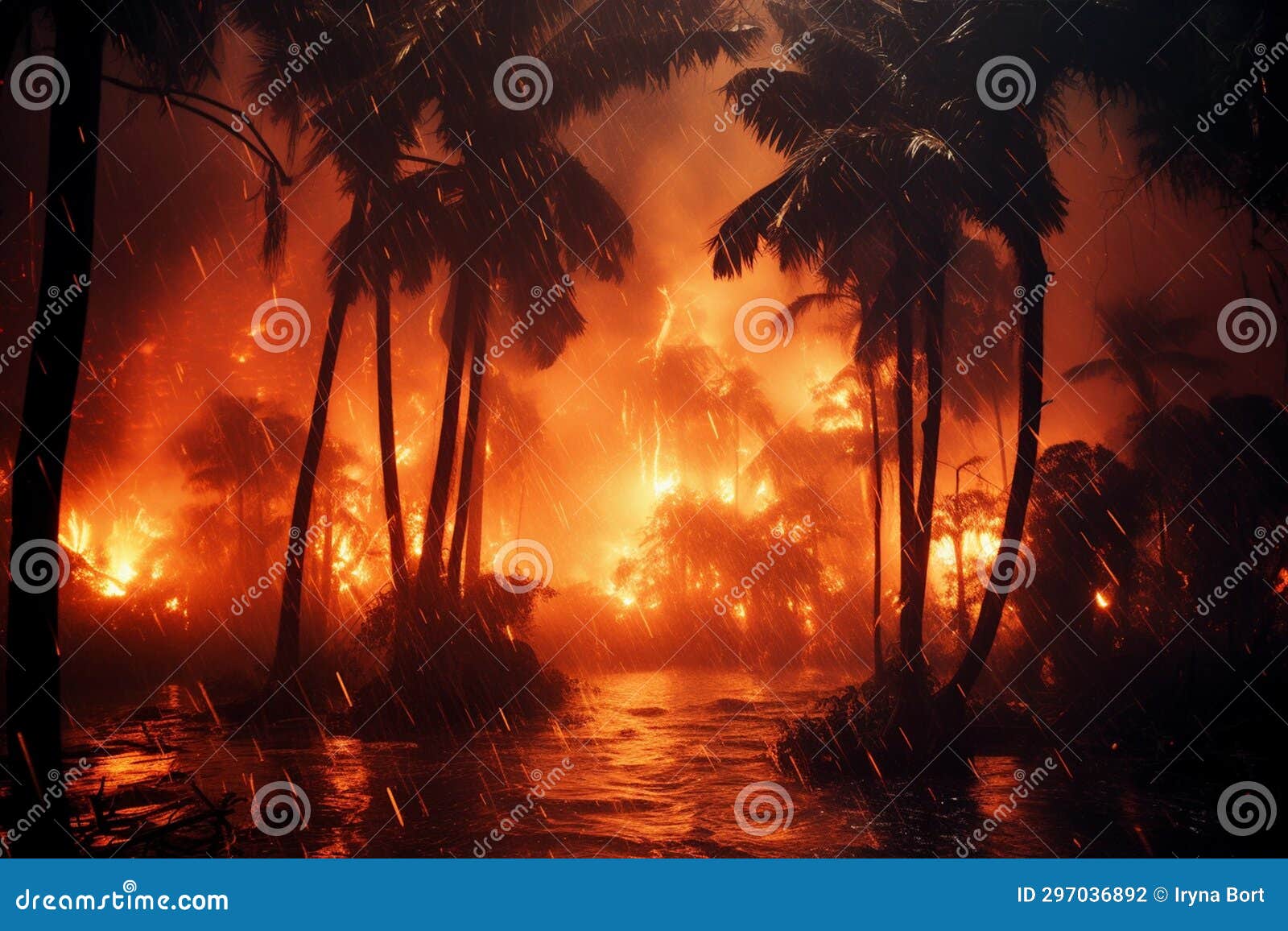 Fire and Storm in Rainy Forest at Night Stock Illustration ...