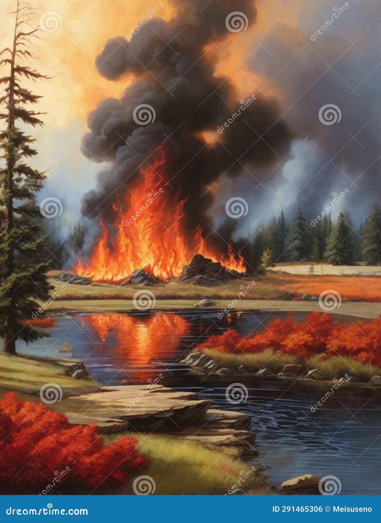 Fire Storm, Small Pond, Burning Tree Illustration Stock Illustration ...