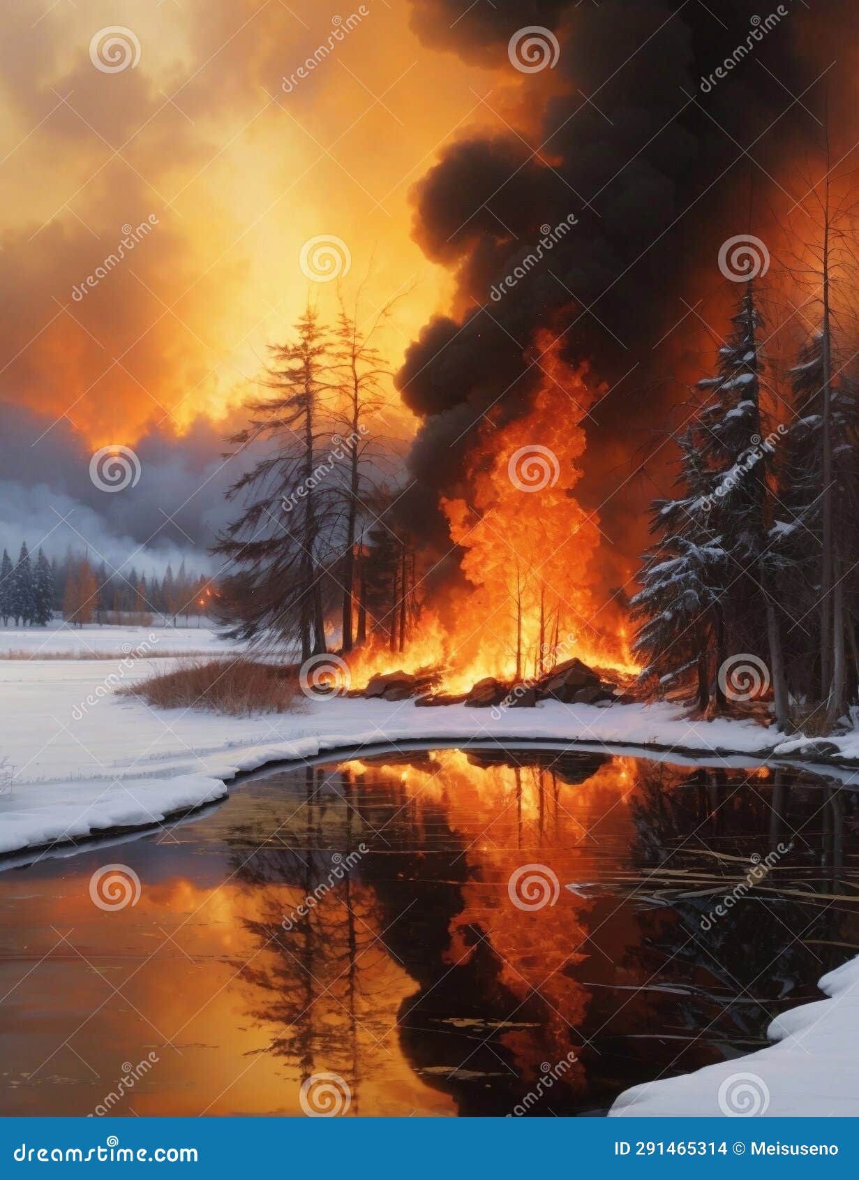 Fire Storm, Small Pond, Burning Tree Illustration Stock Illustration ...