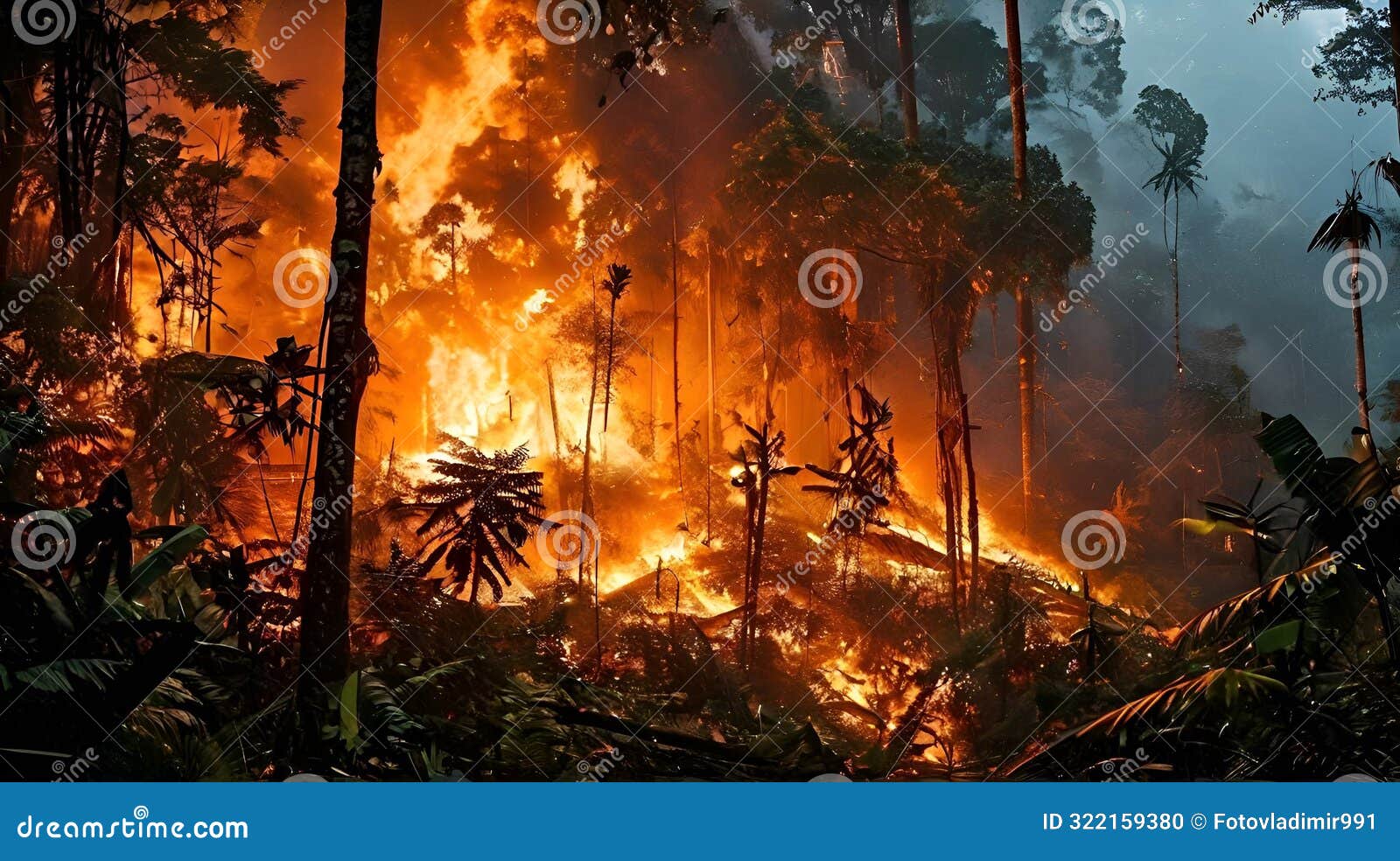 Fire in a Tropical Forest with Wind and Rain Starting at Night Stock ...