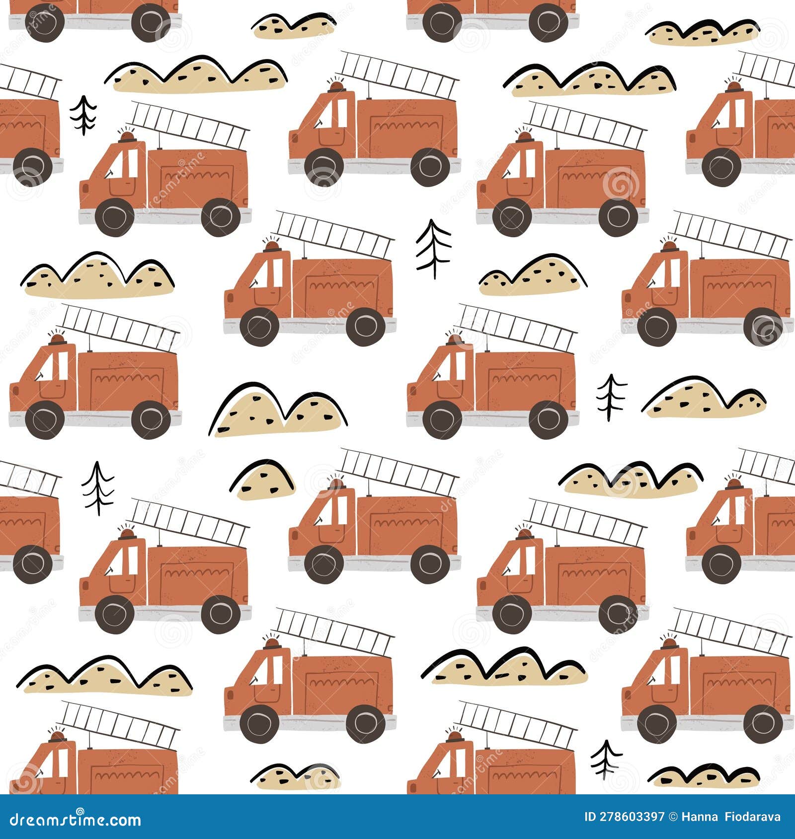 Seamless Pattern with Cartoon Fire Engines,decor Elements. Colorful ...