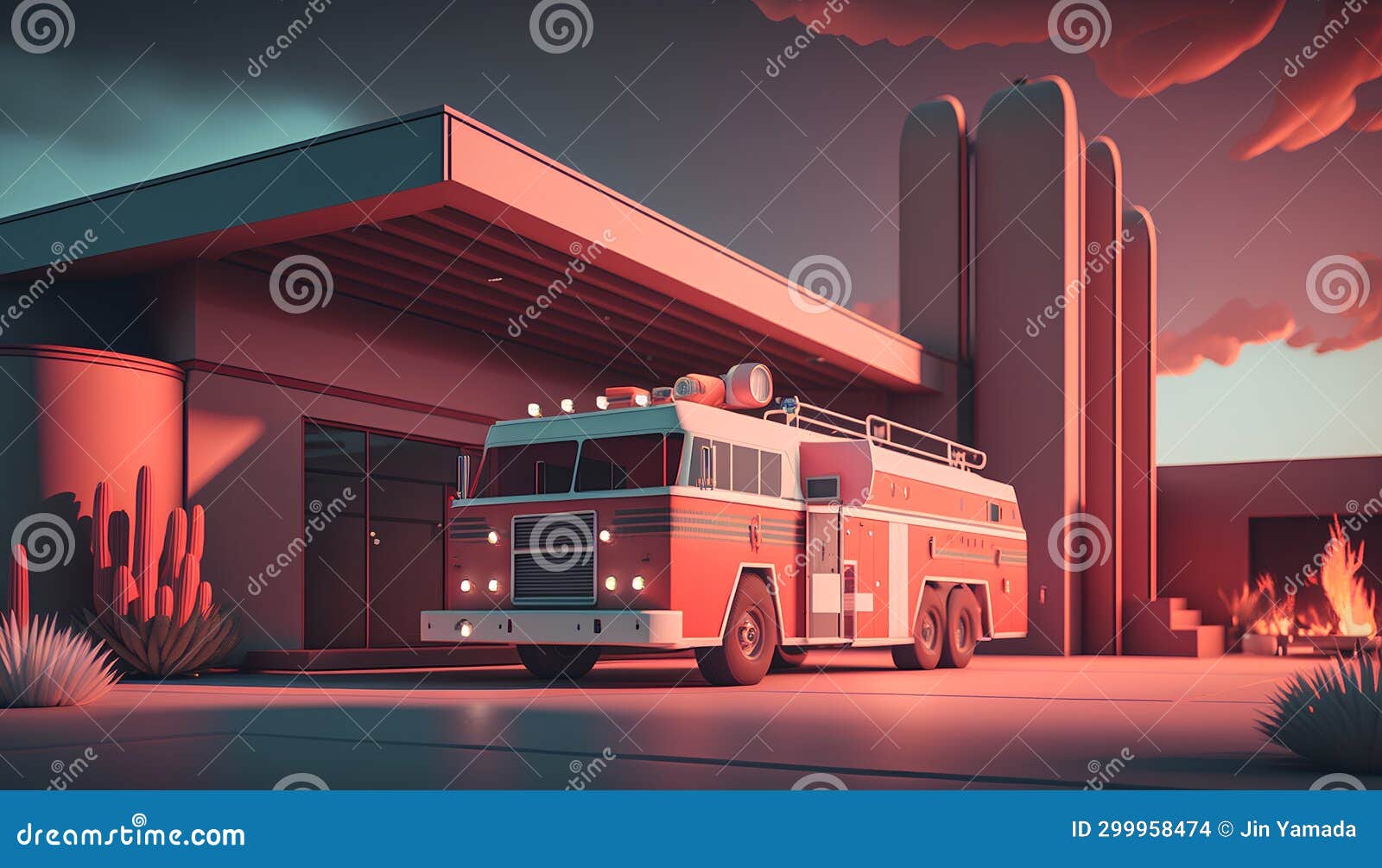 Fire Truck in Front of a Fire Station. 3D Rendering Stock Illustration ...