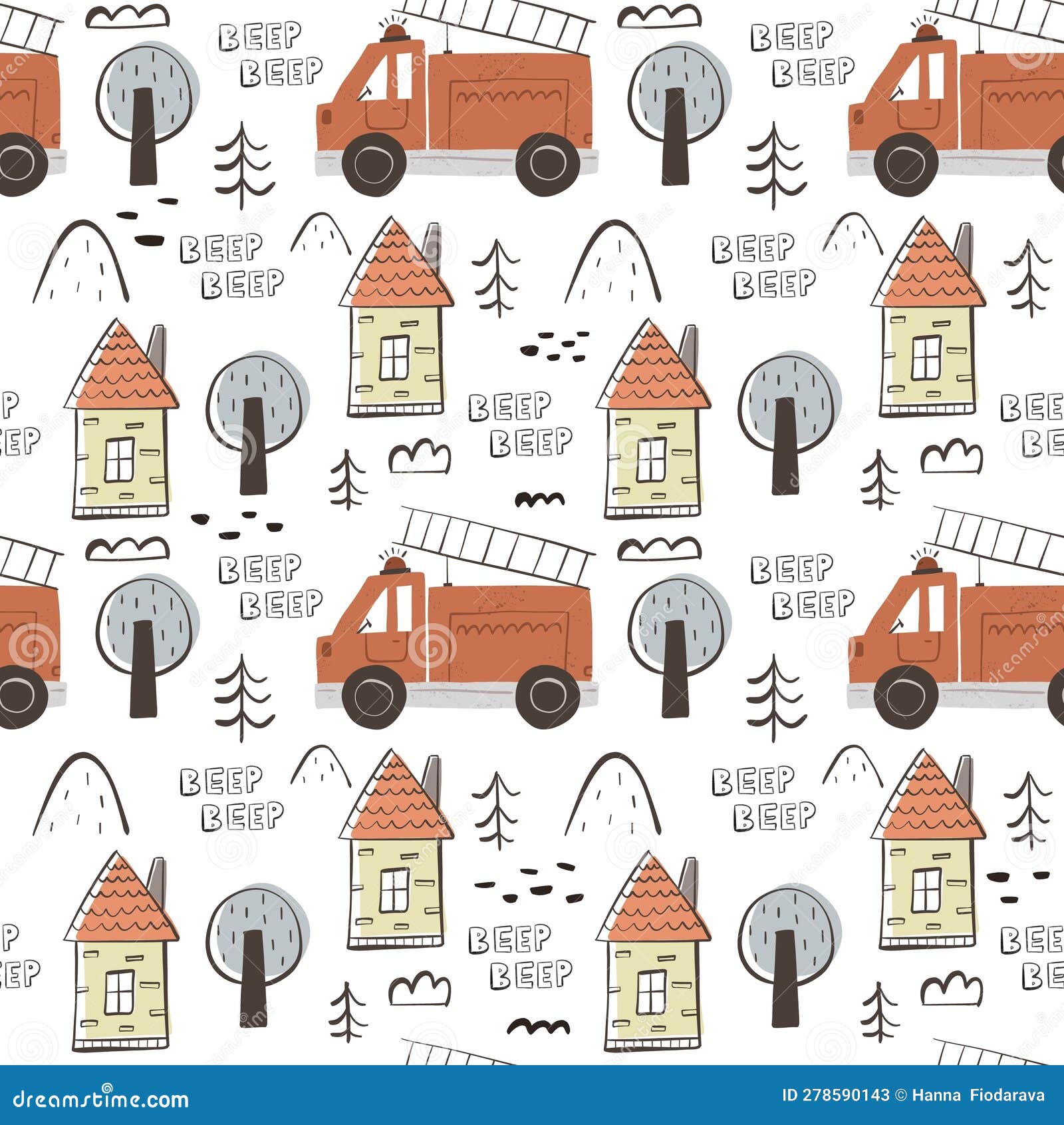 Seamless Pattern with Cartoon Fire Engines,decor Elements. Colorful ...