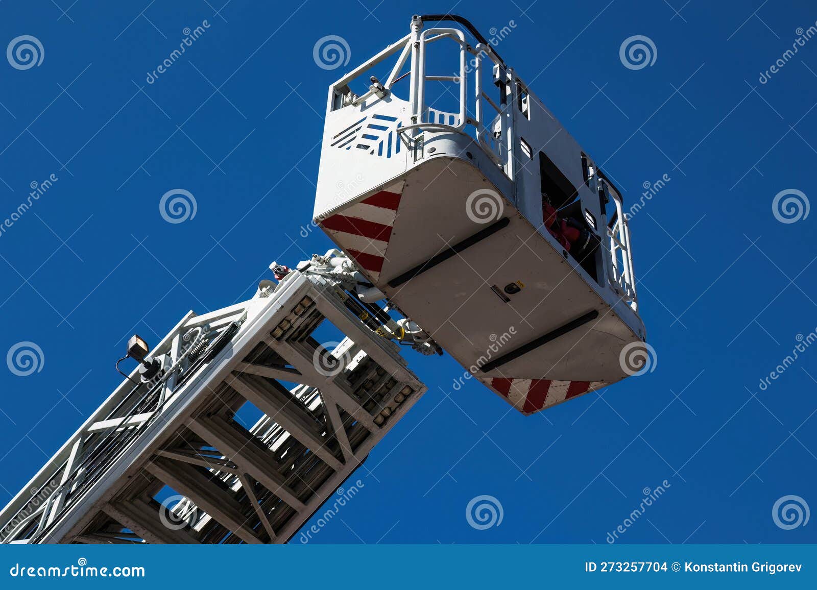 Fire Truck Ladder with Basket on Blue Sky Background Stock Photo ...