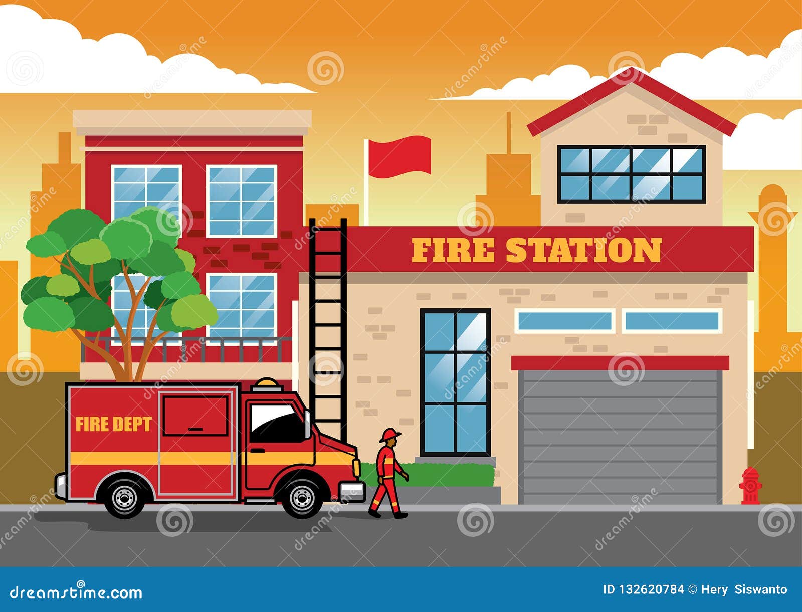 Fire truck in fire station stock vector. Illustration of worker - 132620784