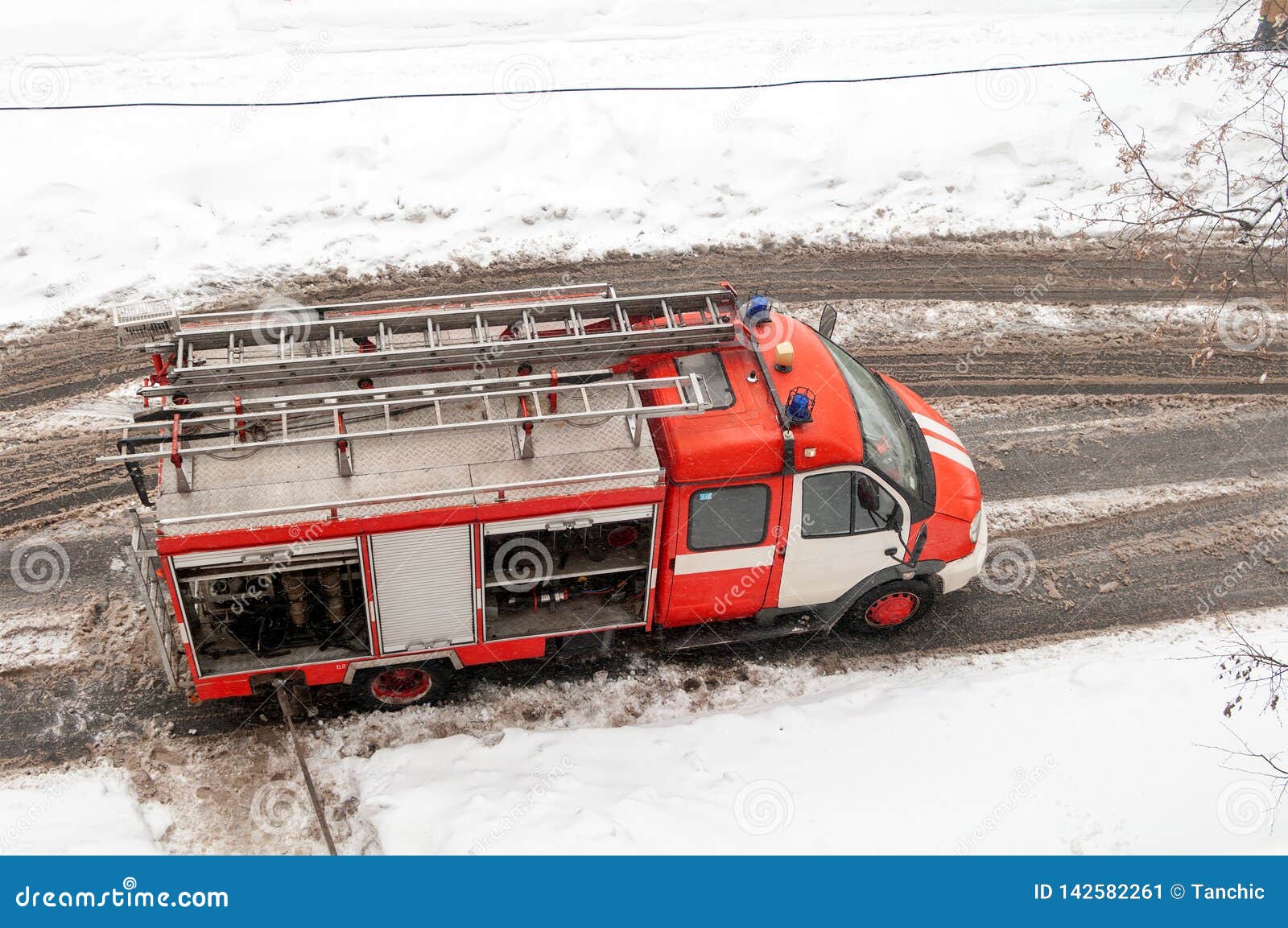 Fire Truck Top View on the Road in Winter Stock Image - Image of symbol ...