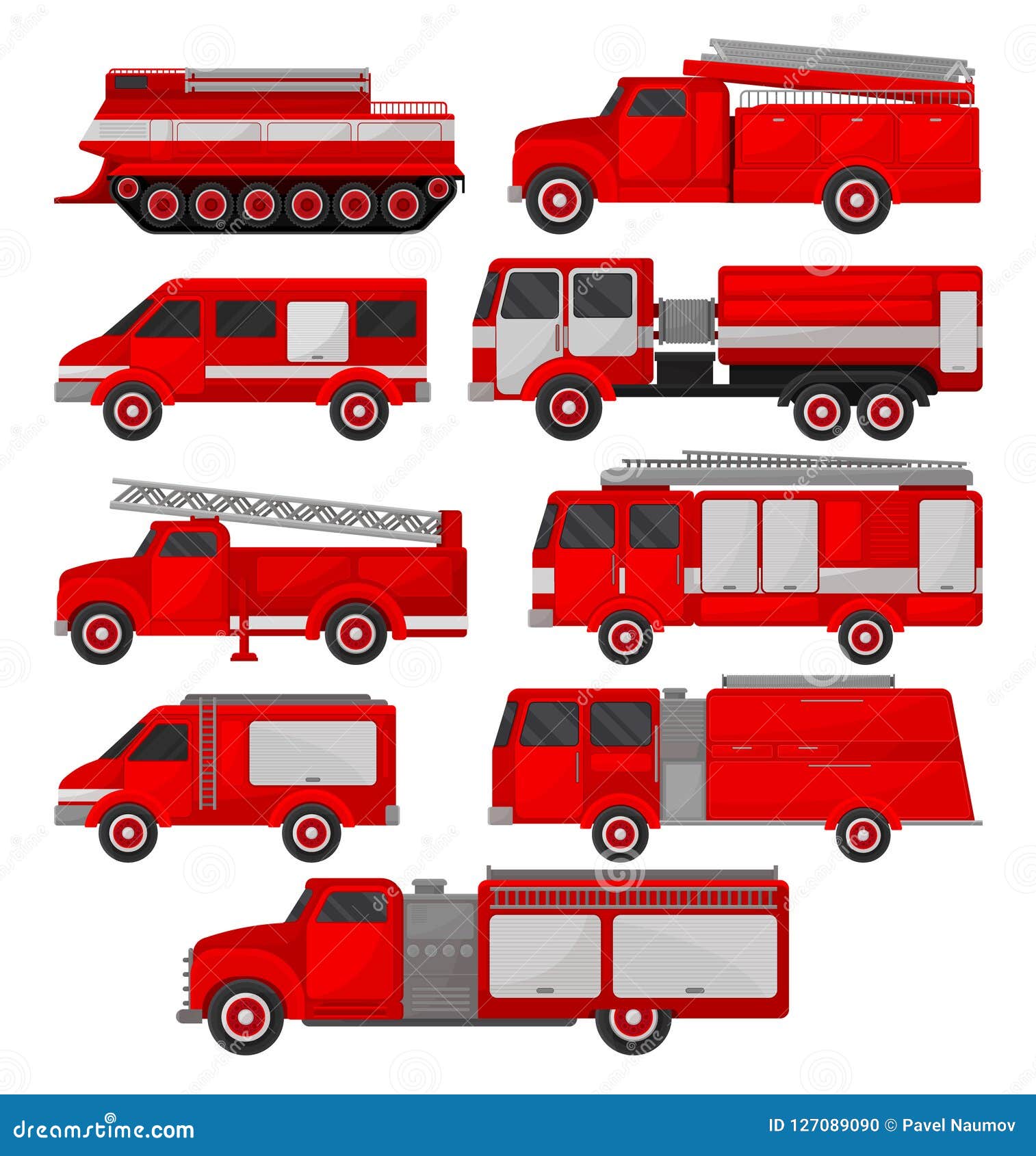 Fire Trucks Set, Emergency Vehicles, Side View Vector Illustrations on ...
