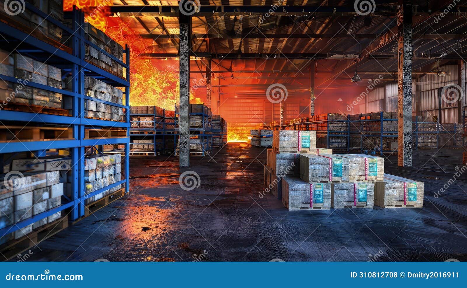 Fire in a warehouse. stock photo. Image of fire, industrial - 310812708