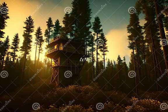 A Fire Watch Tower in the Middle of the Forest Stock Illustration ...