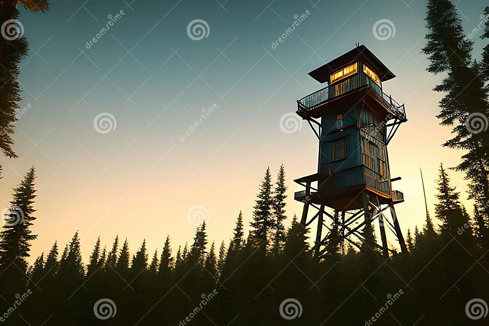 A Fire Watch Tower in the Middle of the Forest Stock Illustration ...