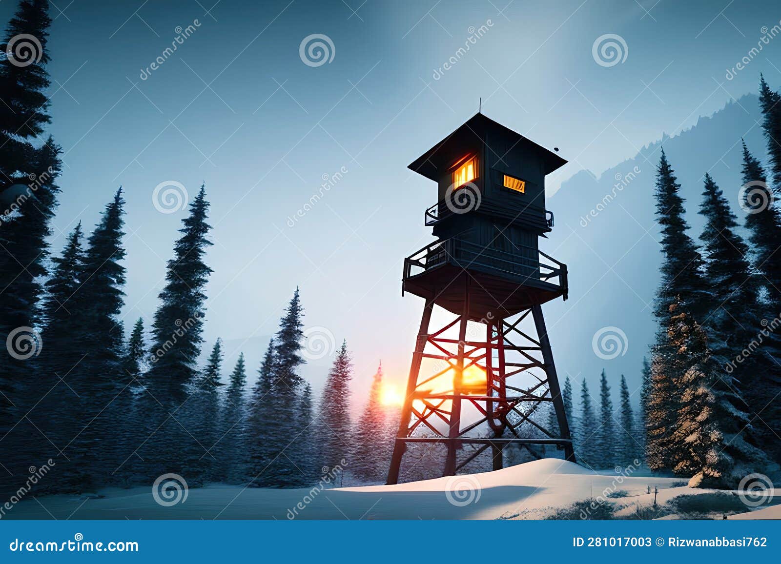 A Fire Watch Tower in the Middle of the Forest with Snow Stock ...