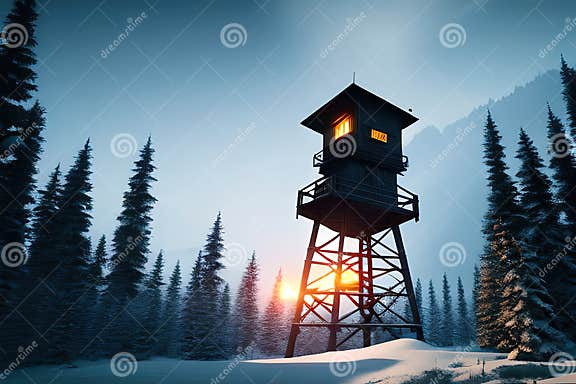 A Fire Watch Tower in the Middle of the Forest with Snow Stock ...