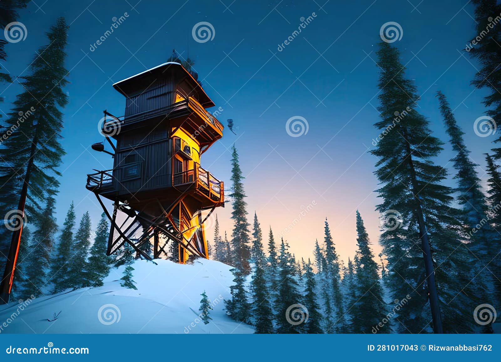 A Fire Watch Tower in the Middle of the Forest with Snow Stock ...