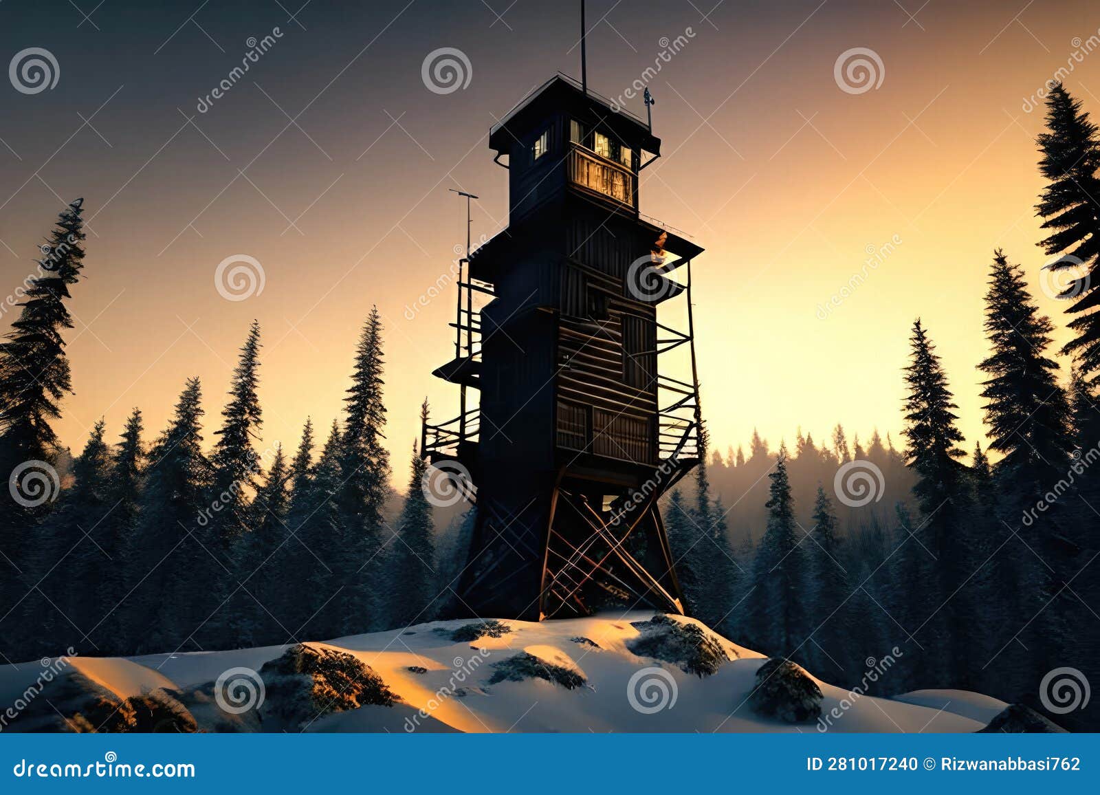 A Fire Watch Tower in the Middle of the Forest with Snow Stock ...